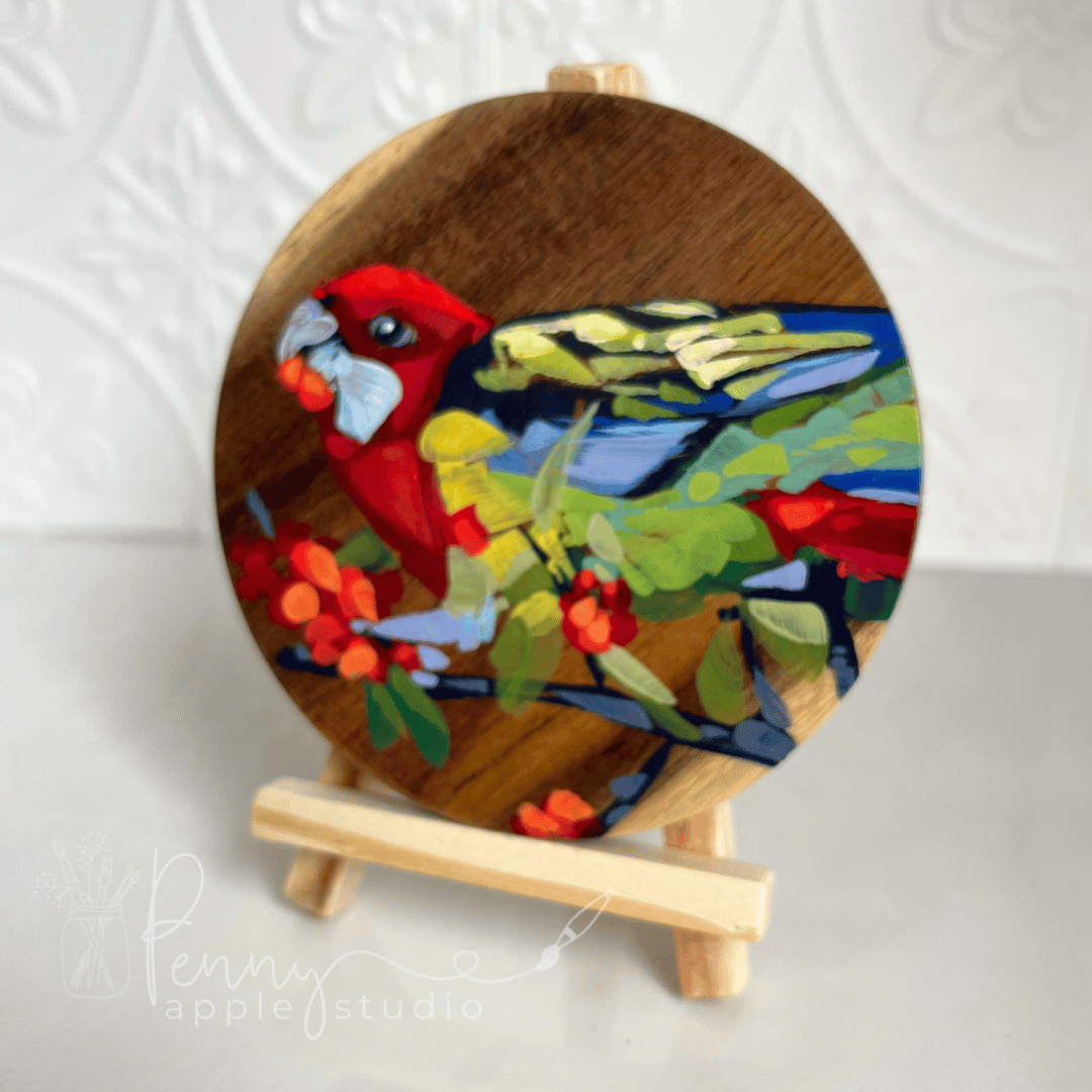 OOAK Eastern Rosella & Berries Mini Bird Round Painting