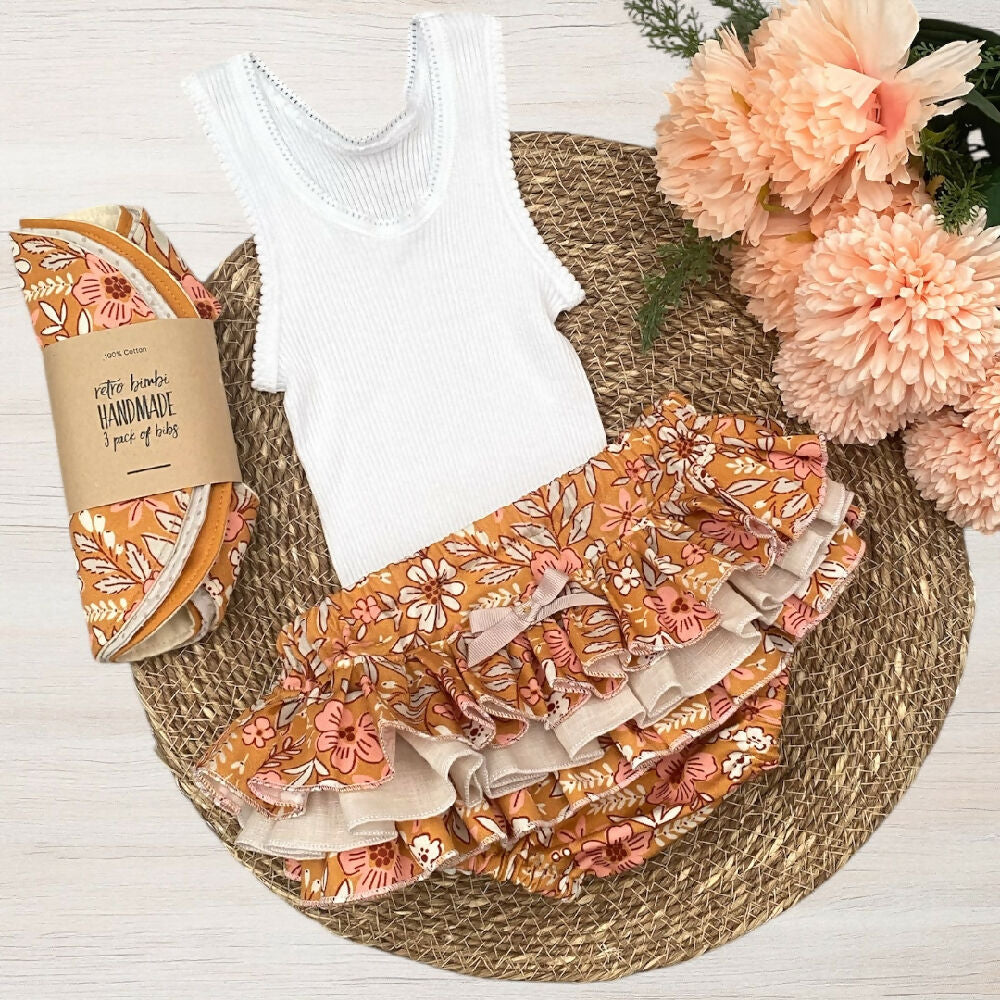 Ruffled Nappy Cover - Pink on Mustard Floral