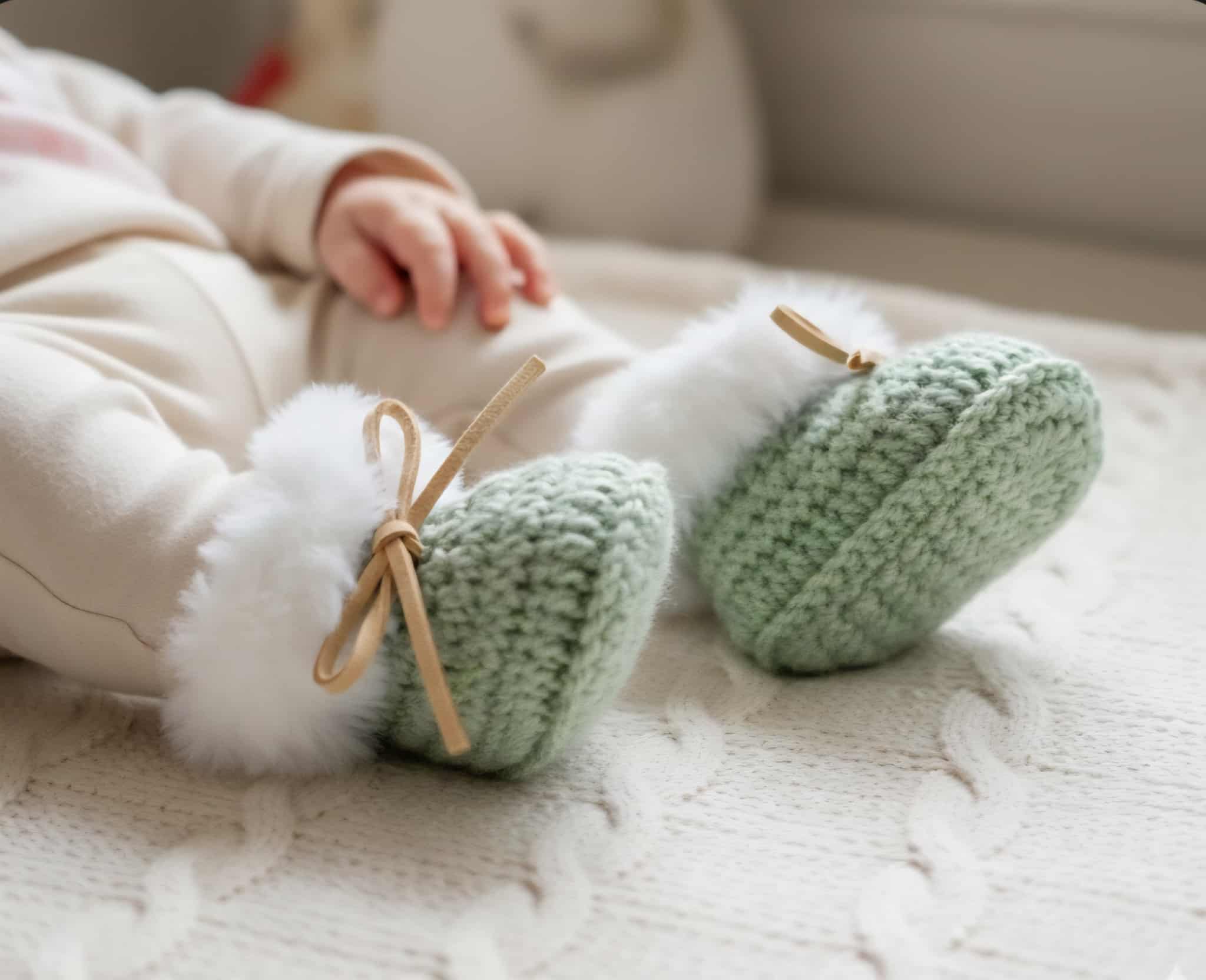 Baby Booties | Fluffy | Sage Green | Newborn | Crochet | Knit | Shoes