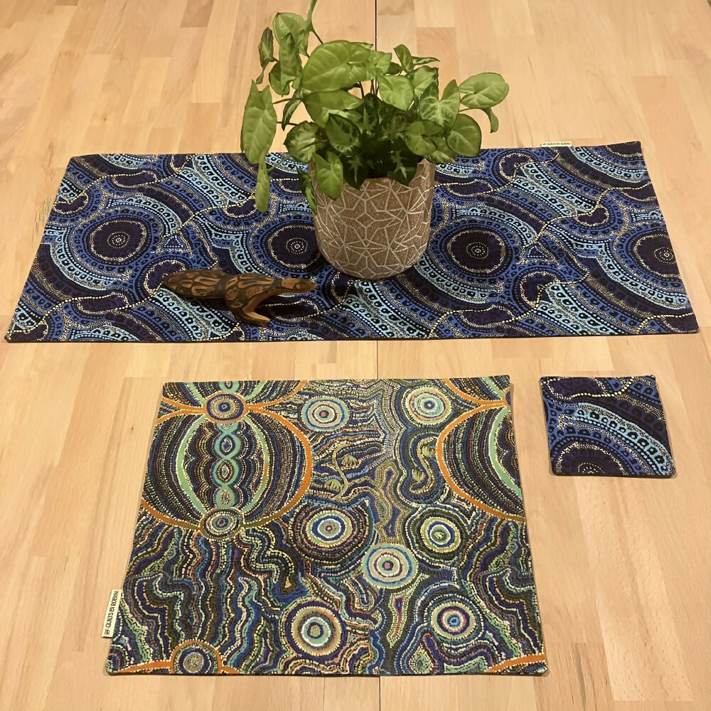 table-runner-handmade-Australian-aboriginal-reversible -Warlu blue & green
