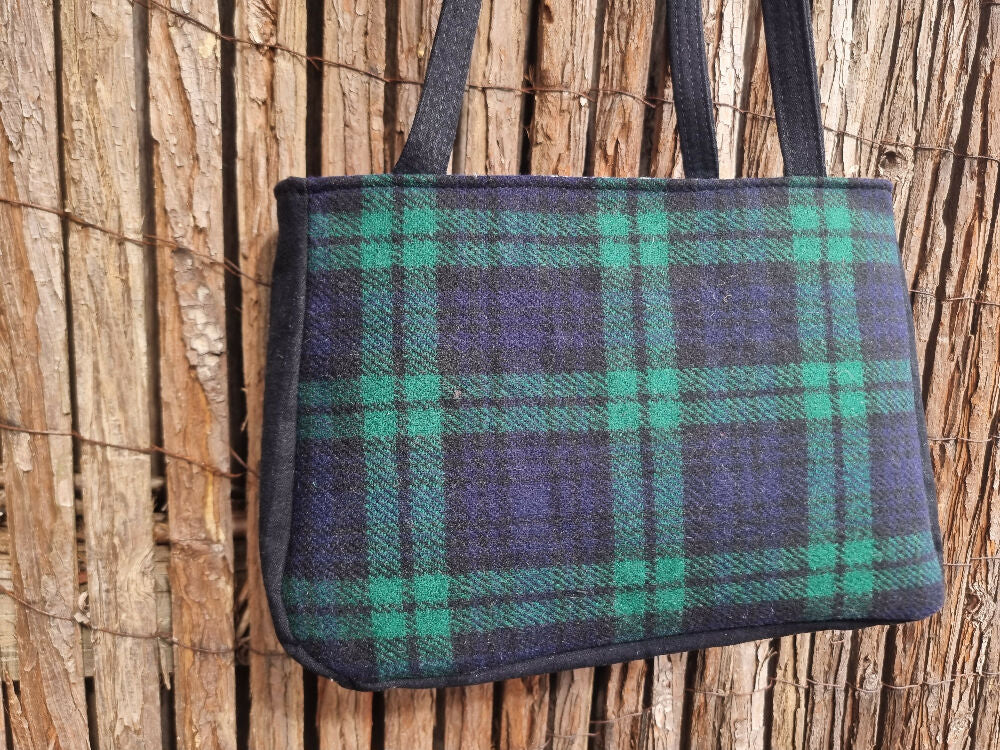 Upcycled zip top shoulder bag - Navy & green check with dark denim