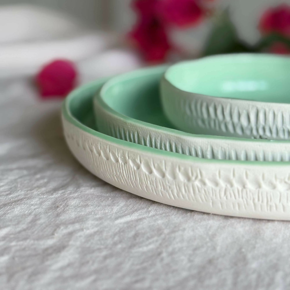 Handmade Porcelain Celedon Blates | Carved Rim High Sided Plates | Lar