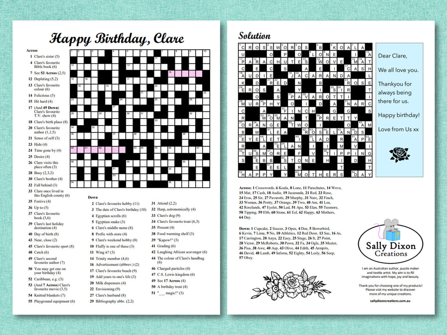 DIGITAL - Personalised Custom Crossword - Printable PDF