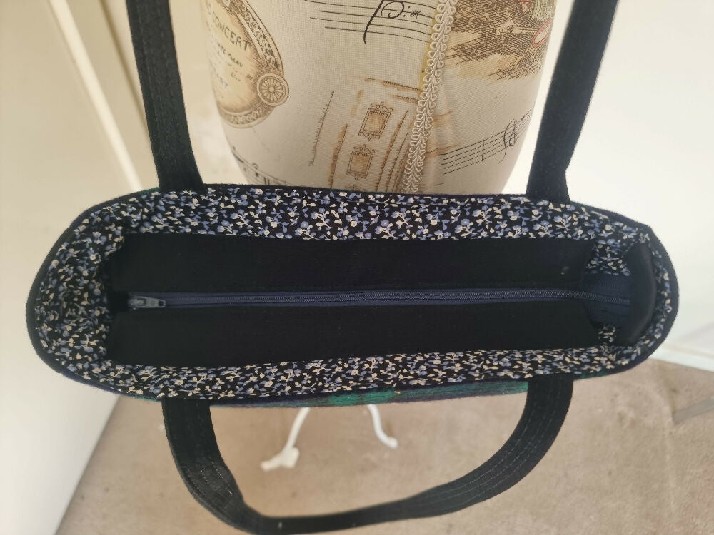 Upcycled zip top shoulder bag - Navy & green check with dark denim