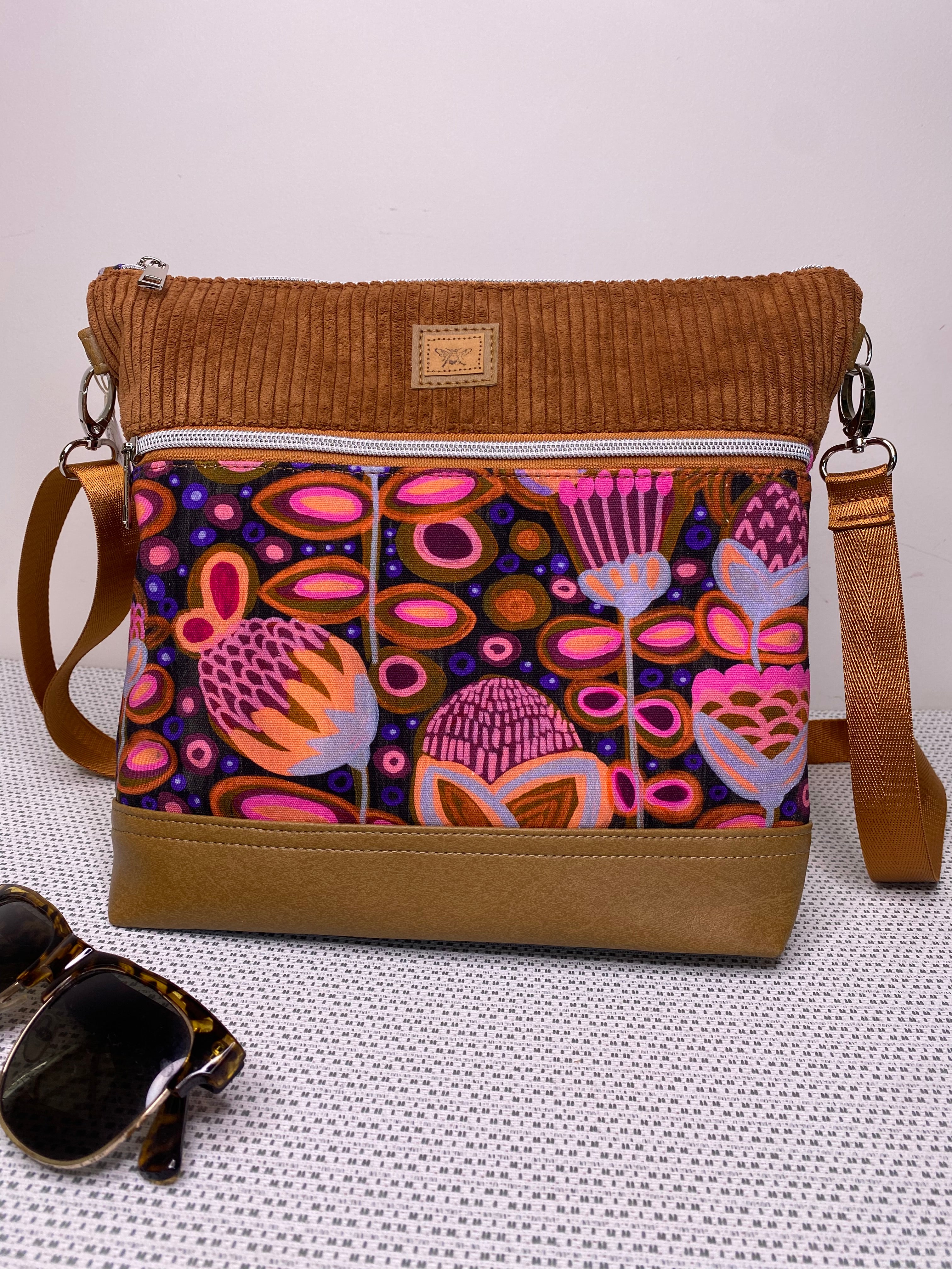 Lola Crossbody Bag - Pink & Tan Protea Fabric, Tan Corduroy and Tan Fa