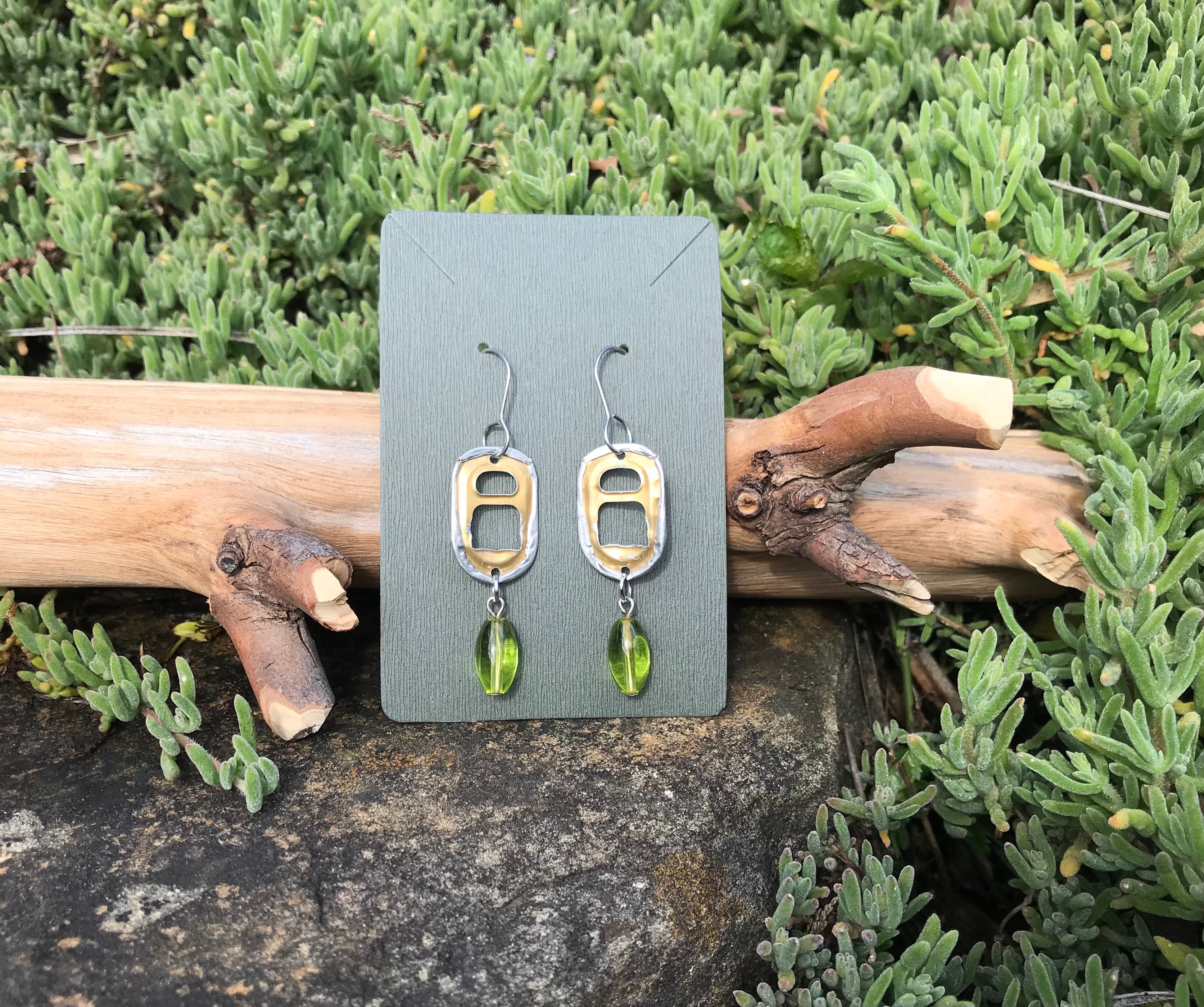 Handmade Upcycle Can Pop Top Earrings green & gold