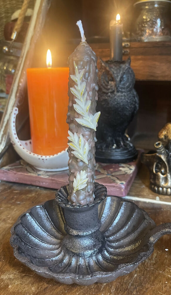 Ferns Intention Ritual Spell Altar Beeswax Candle Brown White