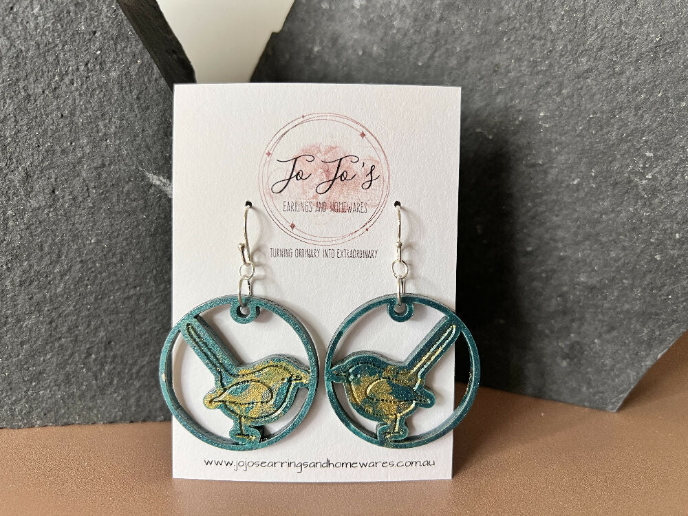Earring Round Wren Teal, Gold