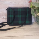 Upcycled zip top shoulder bag - Navy & green check with dark denim