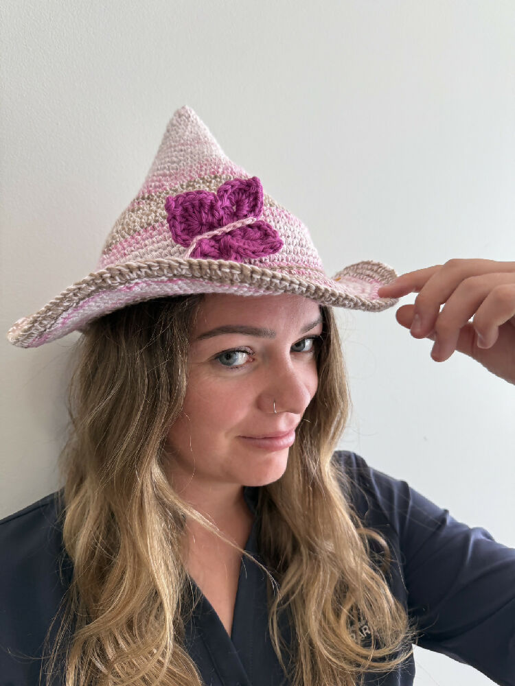 Crochet Sprite Cap with flower accessory