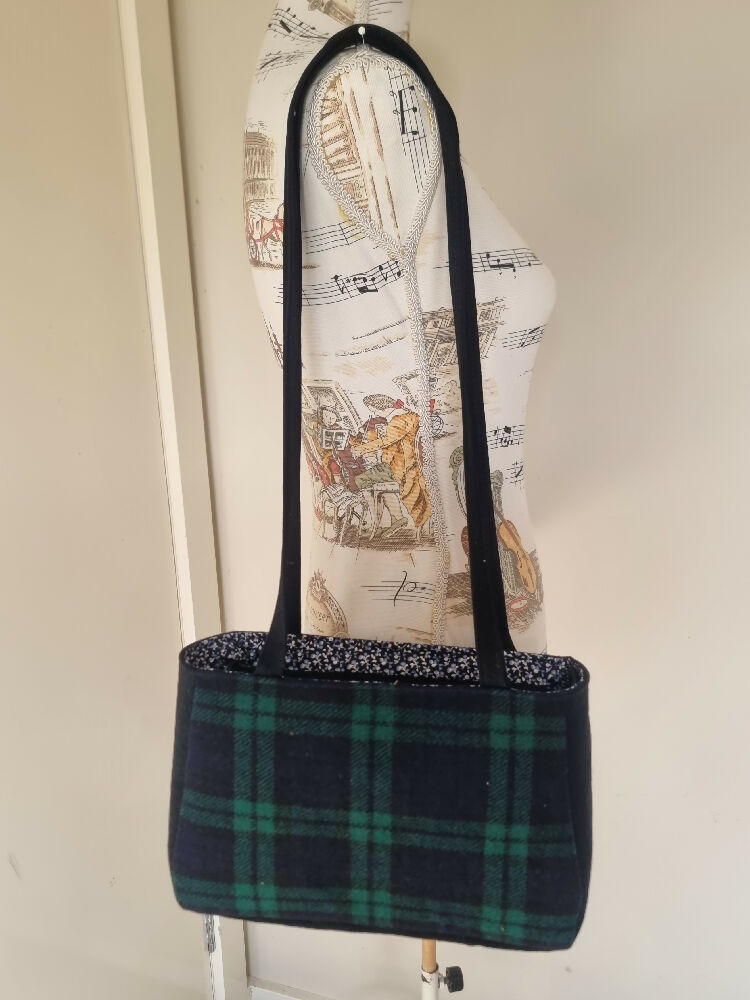 Upcycled zip top shoulder bag - Navy & green check with dark denim