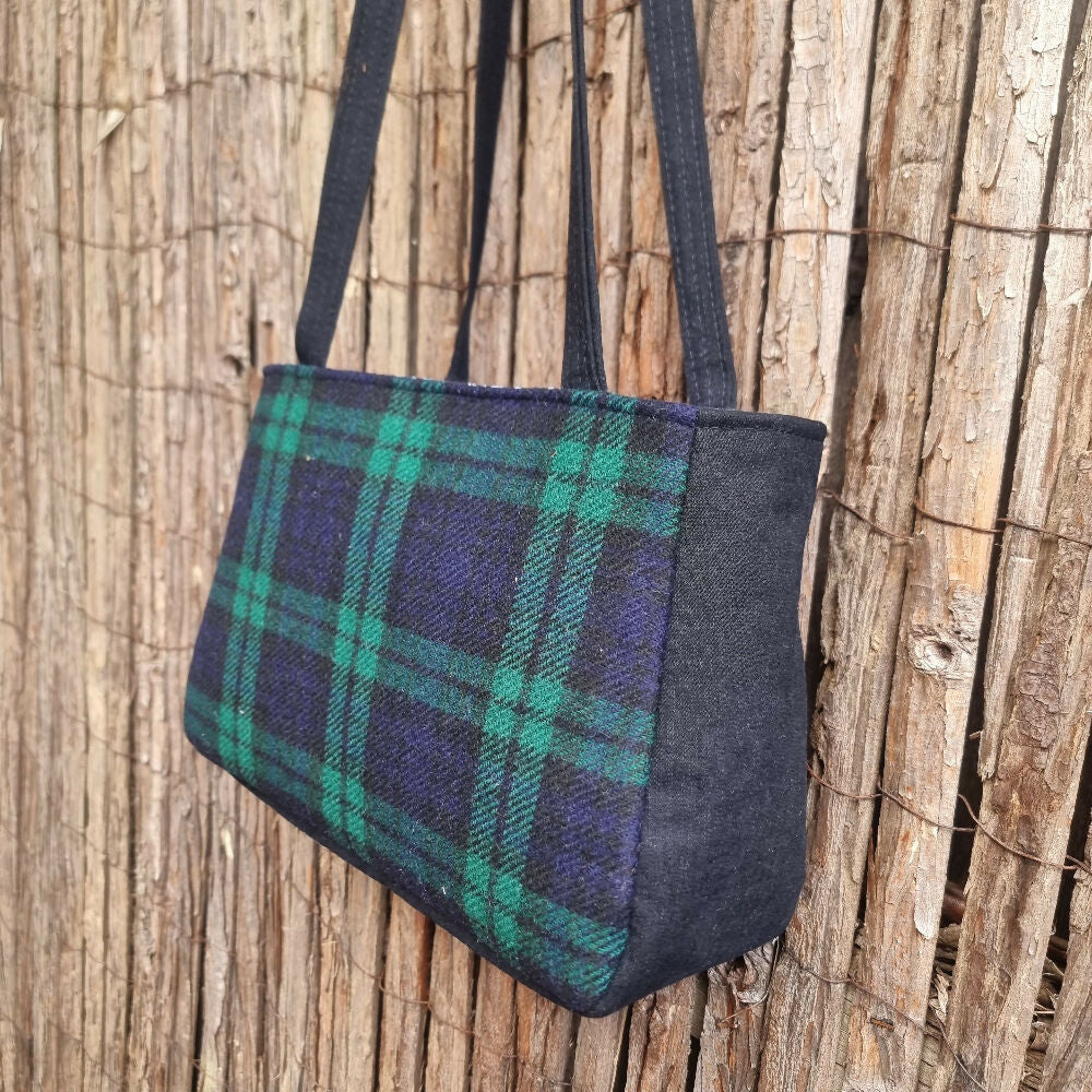 Upcycled zip top shoulder bag - Navy & green check with dark denim