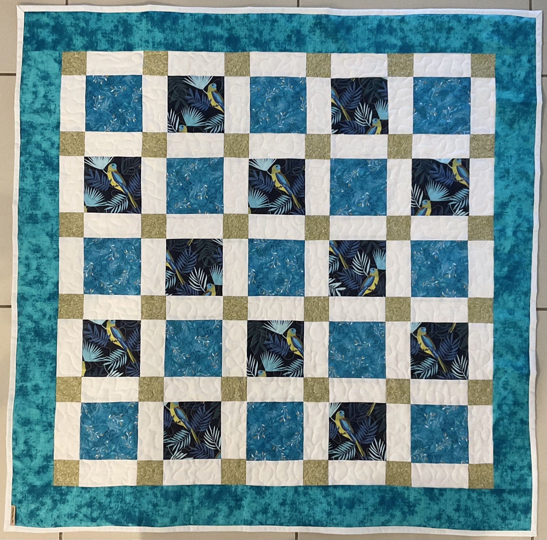 Patchwork lap quilt throw rug blanket, Turquoise Parrot