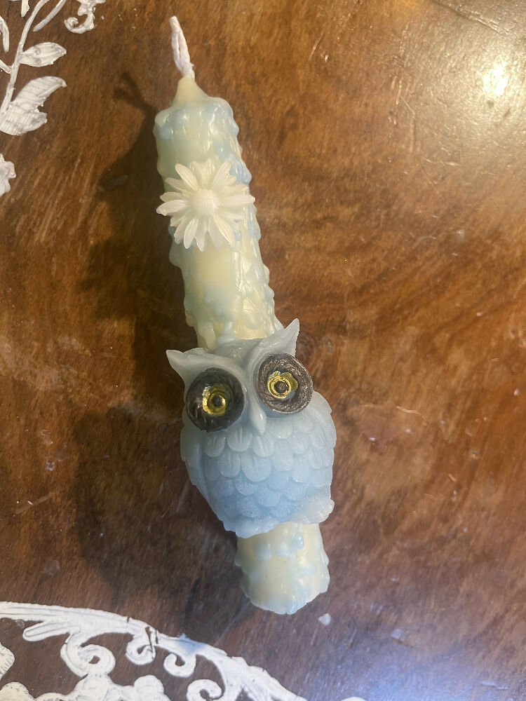 Athena’s Owl Intention Ritual Spell Candle Light Blue & White Beeswax