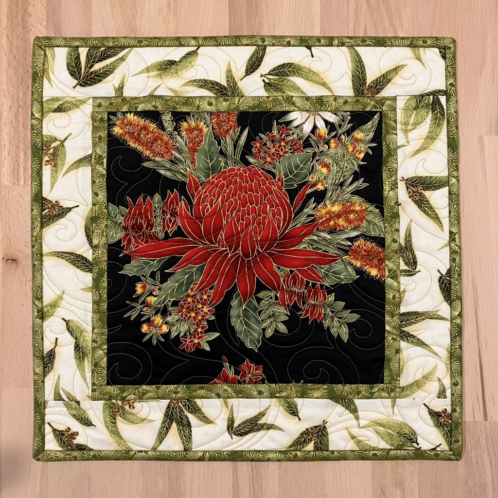 table runner quilted Australian native - waratah