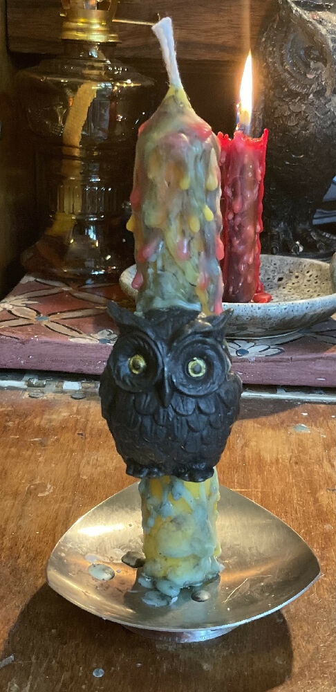 Black and Multi Beeswax Athena’s Owl Intention Ritual Spell Altar Cand