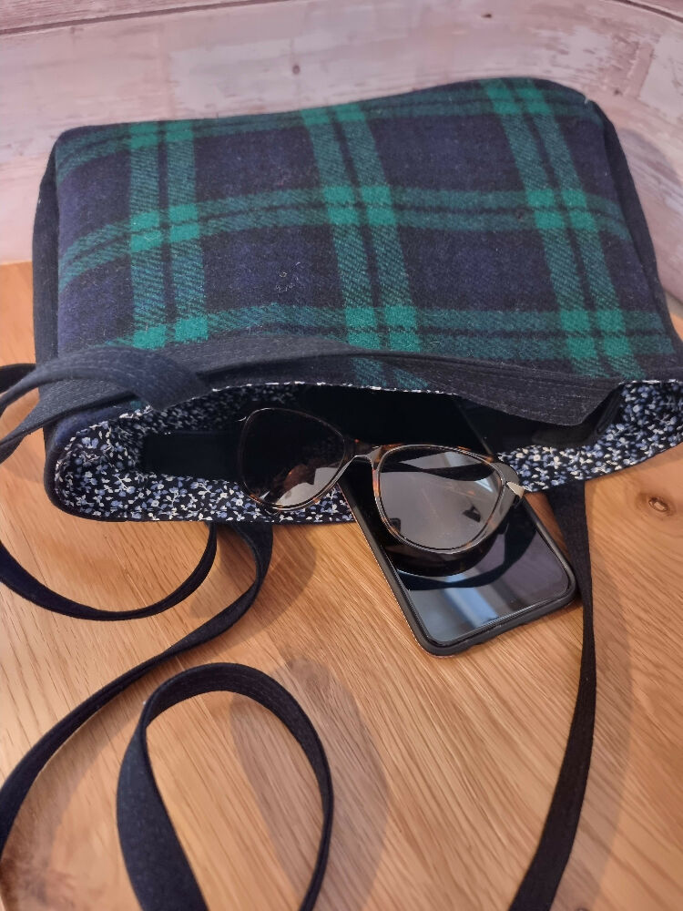 Upcycled zip top shoulder bag - Navy & green check with dark denim