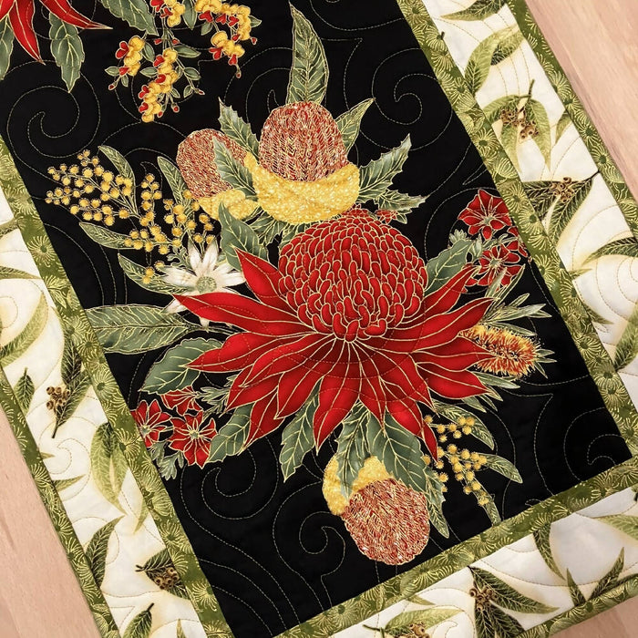 table runner quilted Australian native - waratah