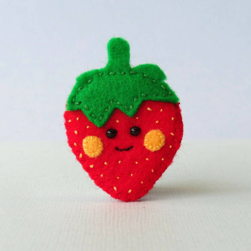 Felt Strawberry brooch, smiley berry fruit, handmade strawberry pin