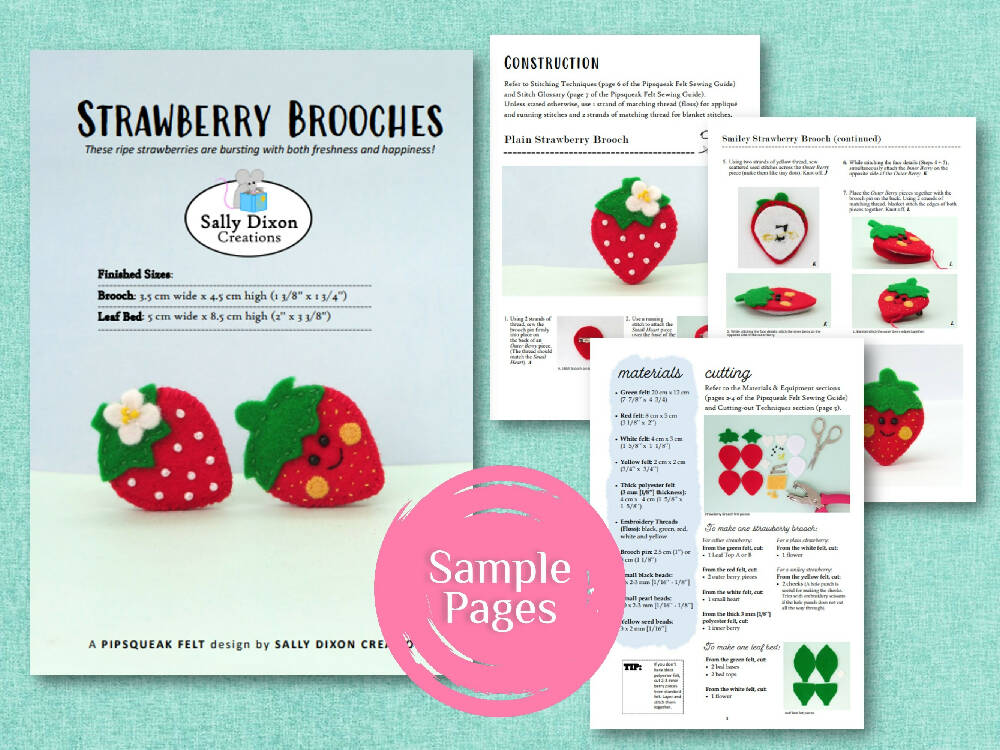 DIGITAL - Felt Sewing Pattern - Strawberry Brooch - PDF Download