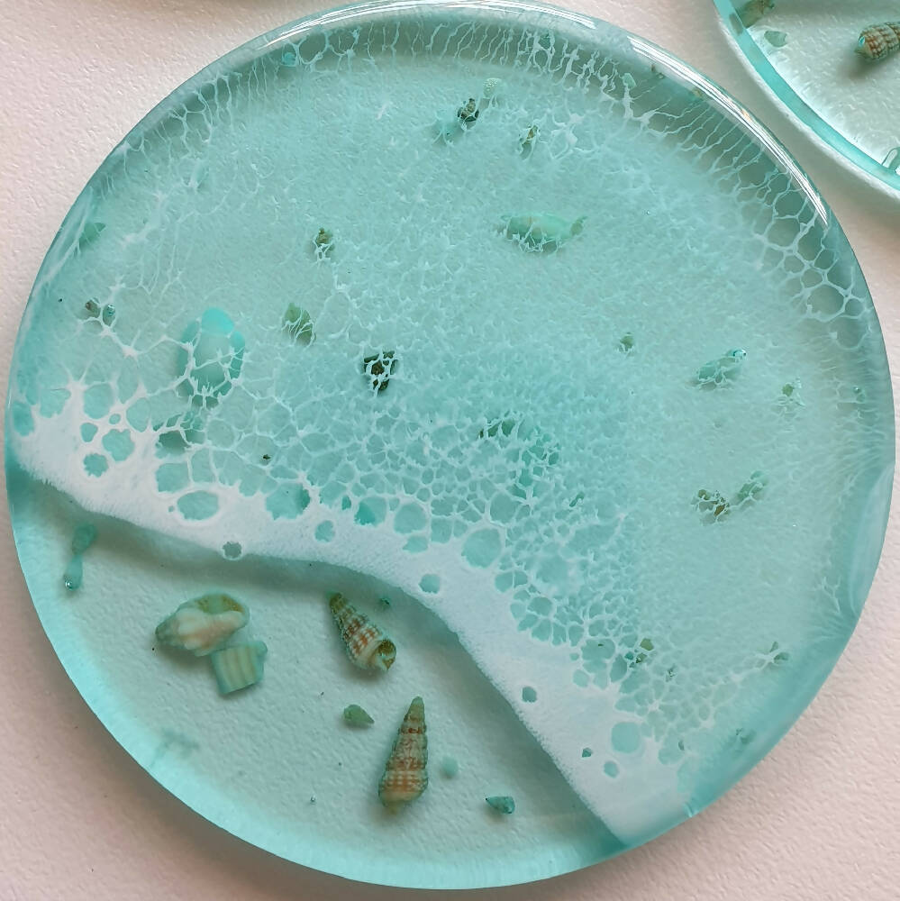 Full Resin Coasters with Shells and Frothy Wave (Set of 4)