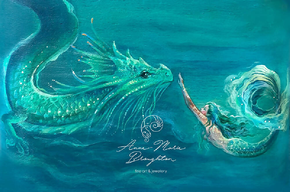 PRINT Water Dragon and Mermaid Underwater Art Painting - 8x10 inch
