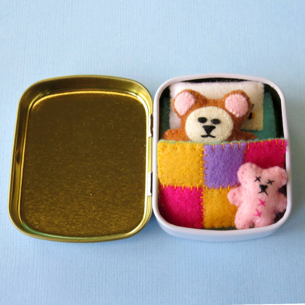 Miniature felt teddy bear play set, teddy in a tin bed, dollhouse ...